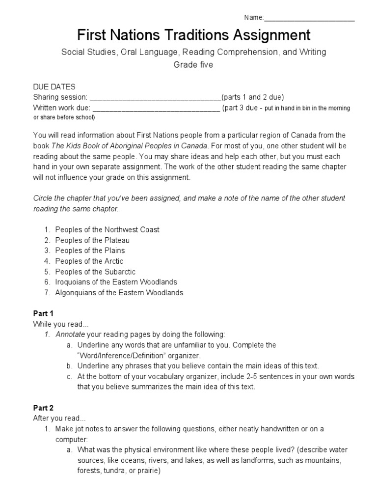 First Nations Traditions Assignment: Social Studies, Oral Language ...