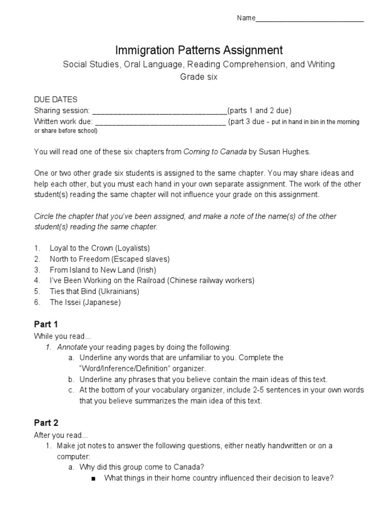 Immigration Patterns Assignment: Social Studies, Oral Language, Reading ...