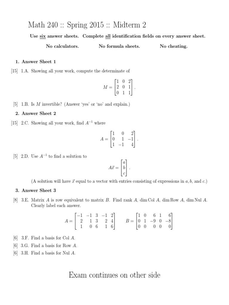 Math 240:: Spring 2015:: Midterm 2 | PDF | Teaching Methods & Materials | Computers