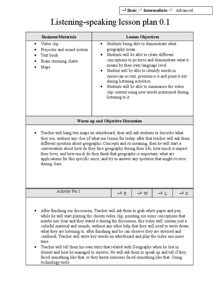 Listening - Speaking Lesson Plan l1 | Download Free PDF | Lesson Plan ...
