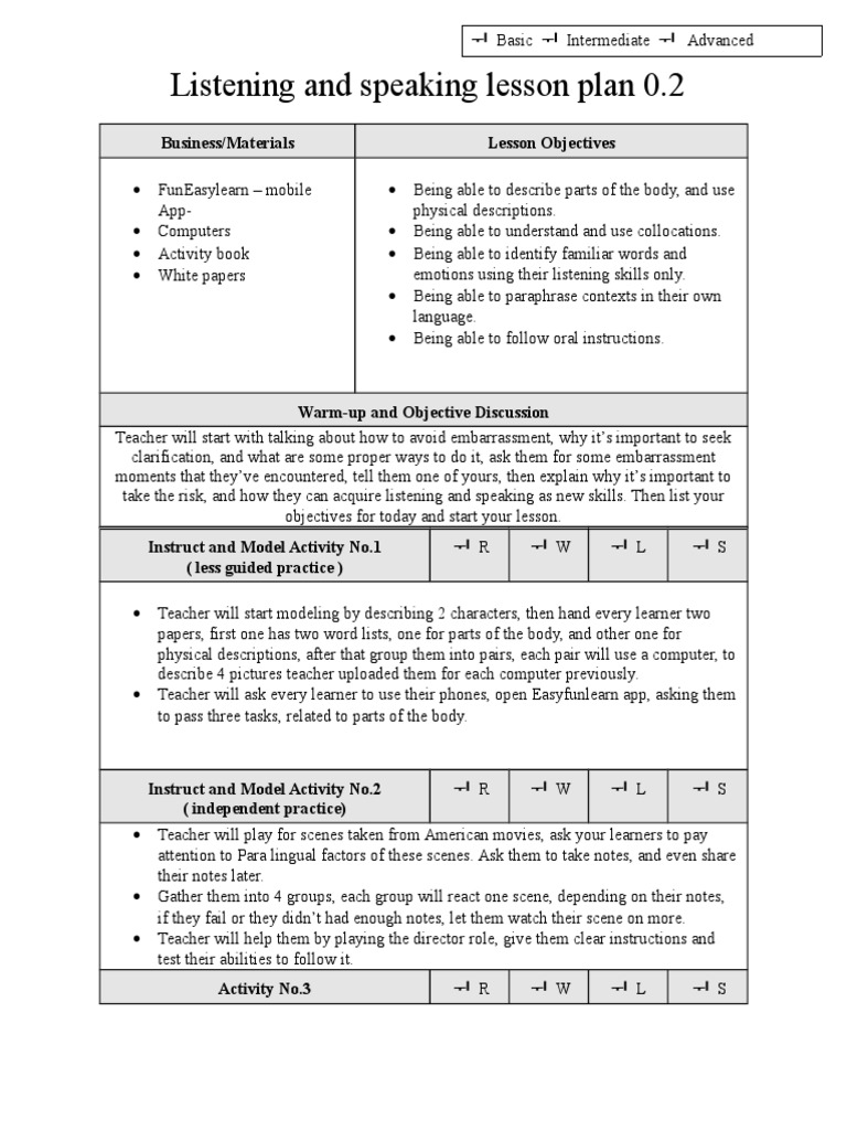 ESL Listening and Speaking Lesson Plan | PDF | Lesson Plan ...