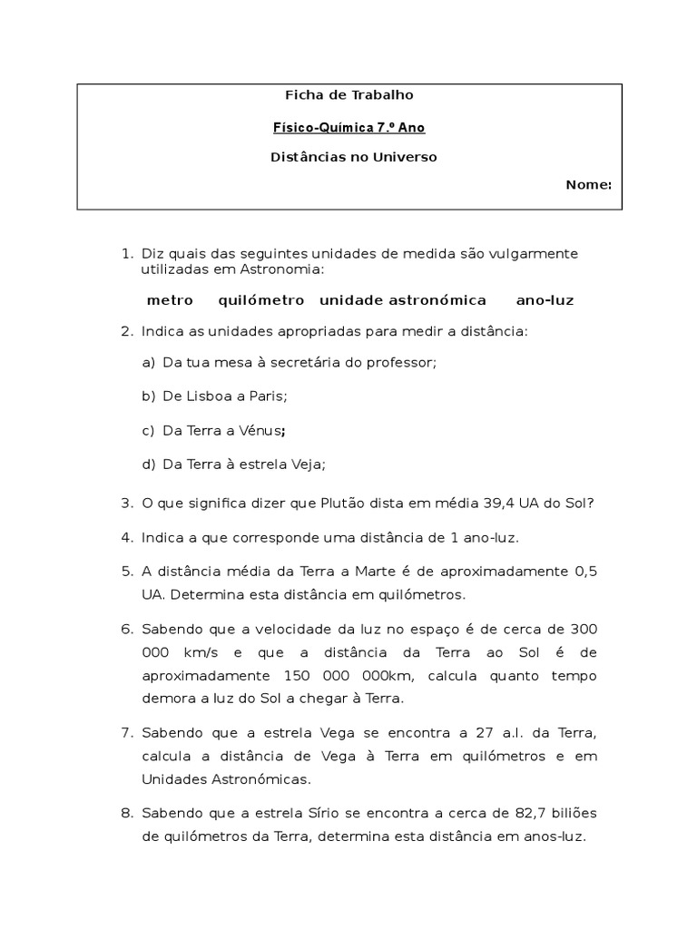 FQ 7 Distâncias Universo | PDF | Sol | Estrelas