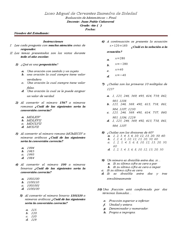 Examen Matemáticas - Sexto Grado | PDF | Fracción (Matemáticas ...