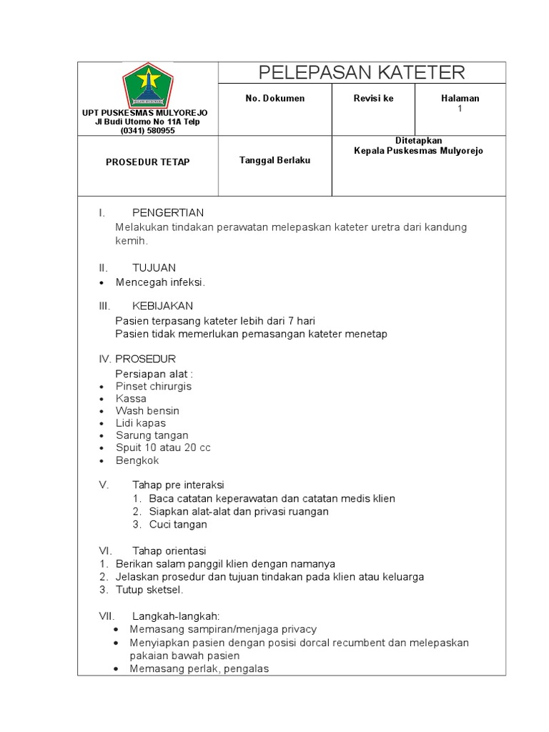 SOP PElepasan Kateter KATETER | PDF