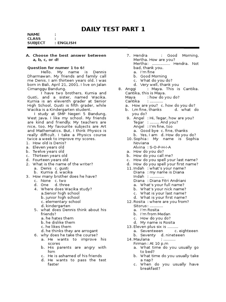 Daily Test Part 1: Name: Class: Subject: English | PDF | Secondary ...