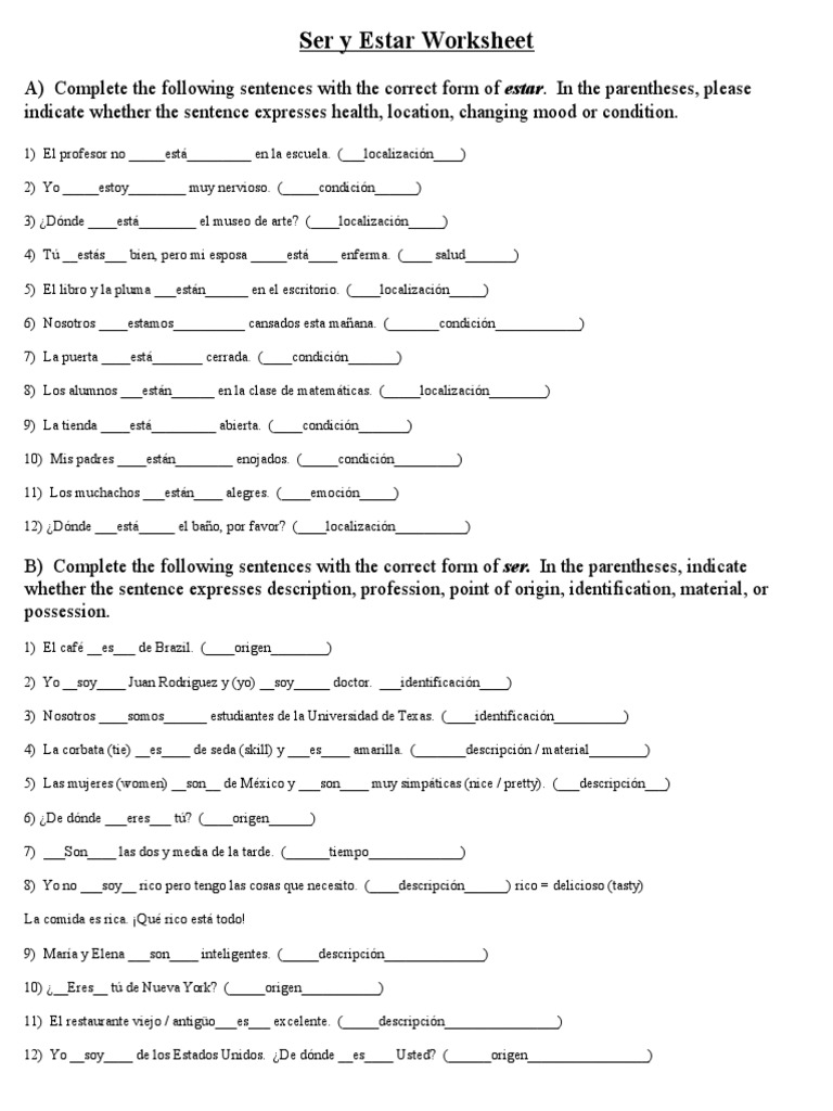 Spanish Worksheet - Ser y Estar - Donde Es La Fiesta | PDF