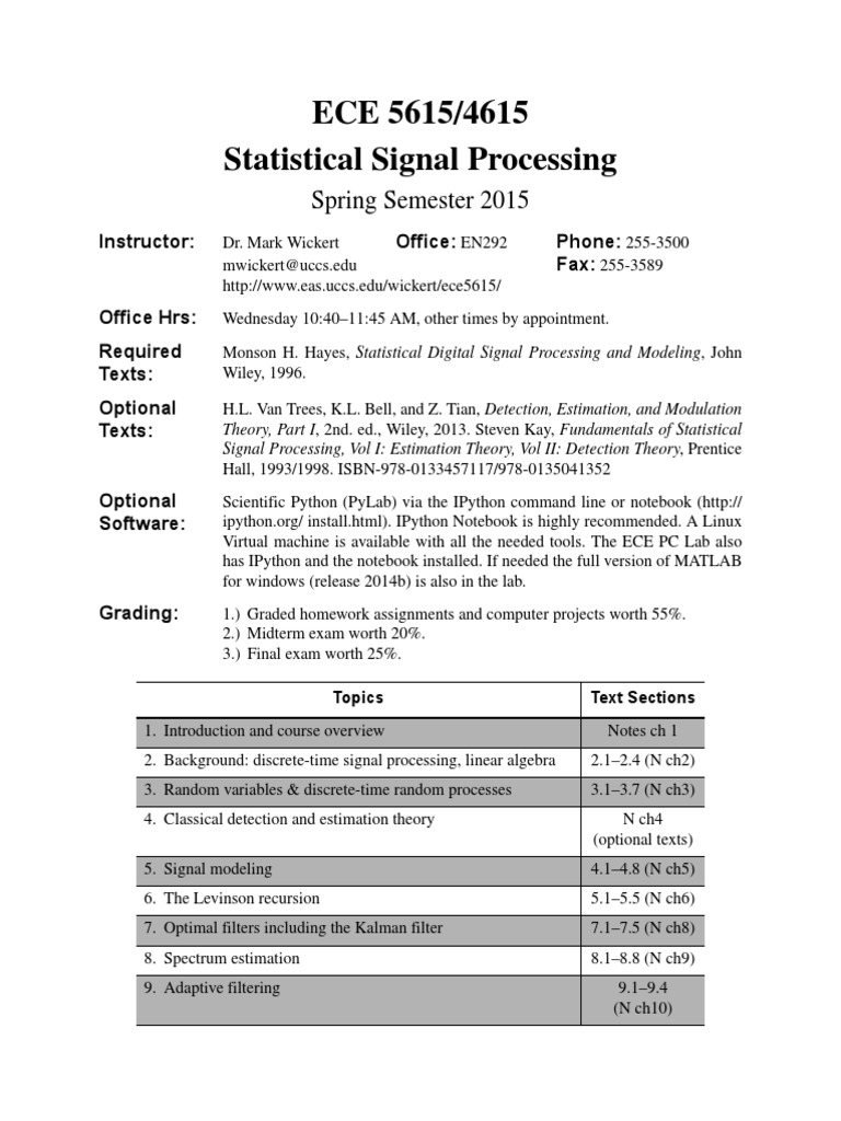 ECE 5615/4615 Statistical Signal Processing: Spring Semester 2015 | PDF