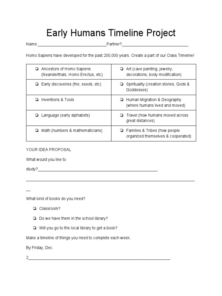 Early Humans Timeline Project Guide | PDF