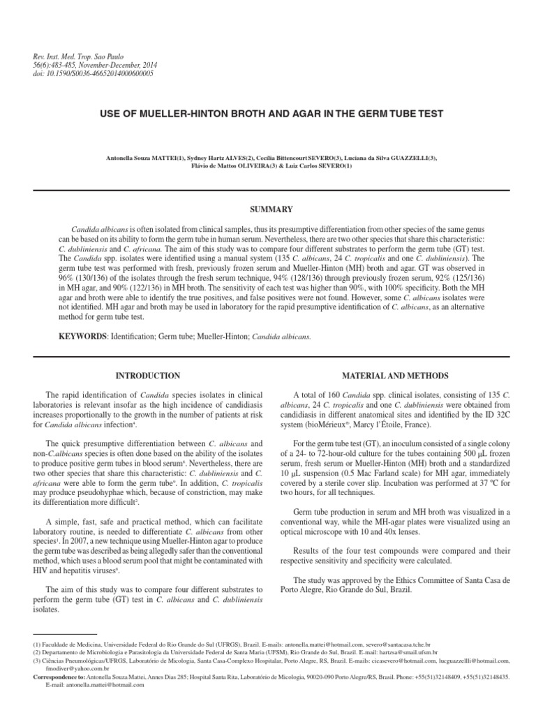2014 Use of Mueller-Hinton Broth and Agar in The Germ Tube Test | PDF ...