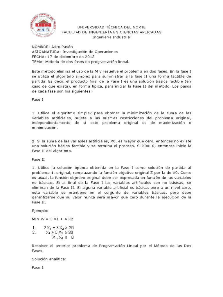 Metodo de Dos Fases | PDF | Programación lineal | Algoritmos