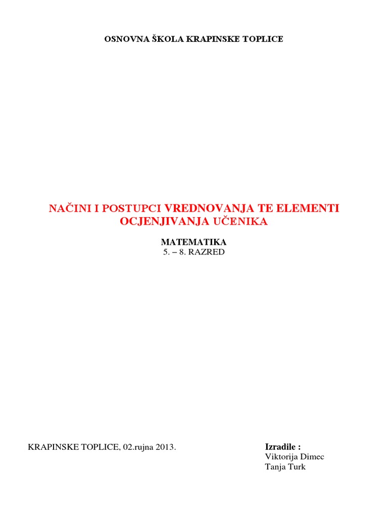 Kriteriji Vrednovanja I Ocjenjivanja | PDF