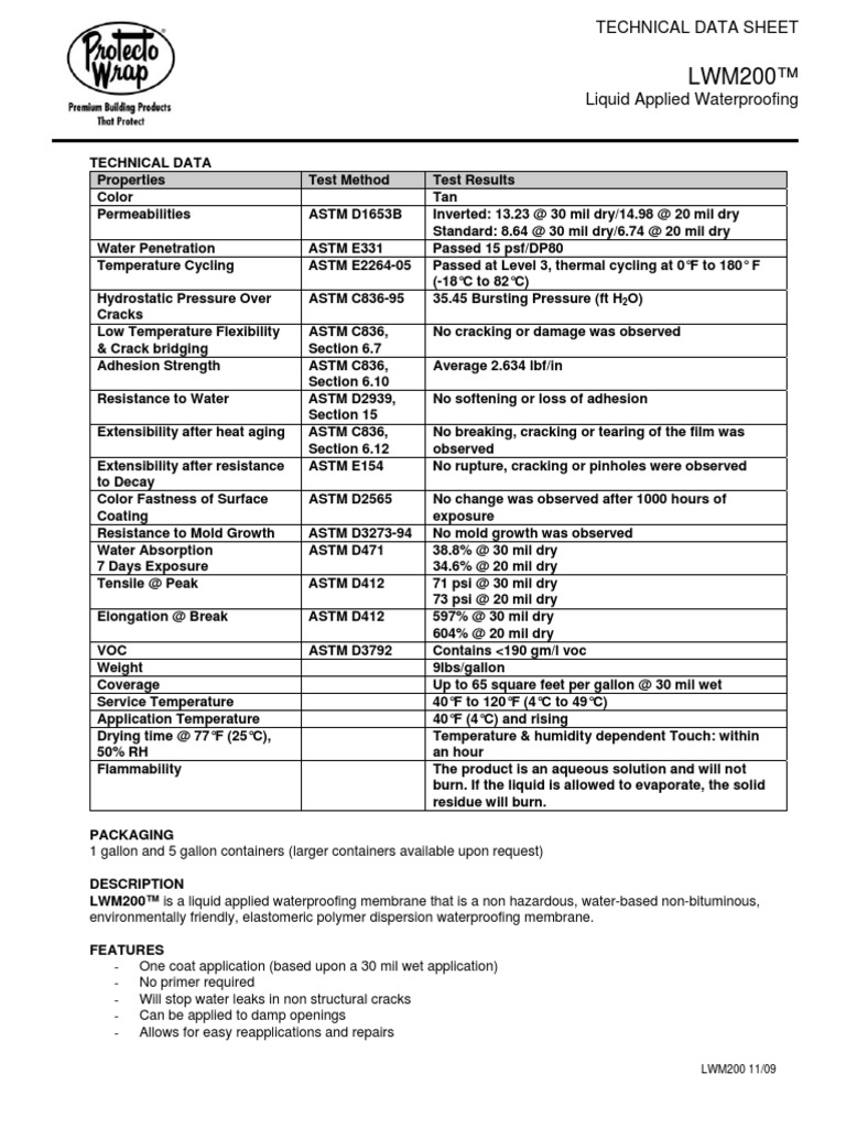 LWM200 Liquid Waterproofing Overview | PDF | Liquids | Pressure