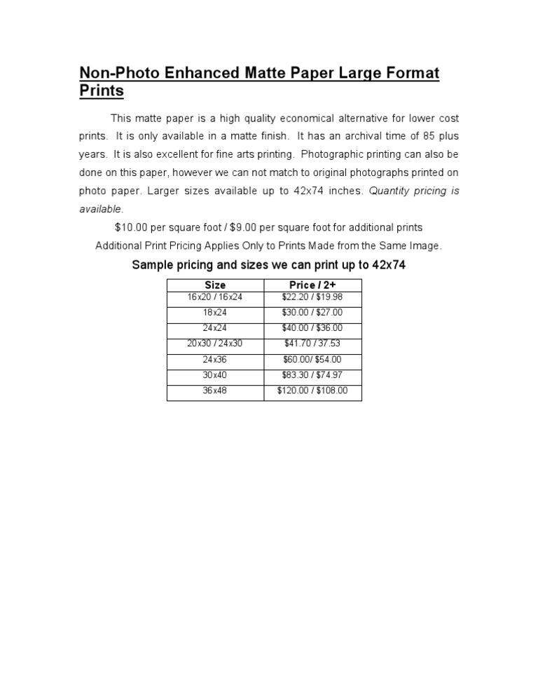 Non-Photo Enhanced Matte Paper Large Format Prints: Sample Pricing and ...