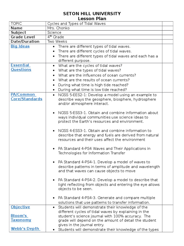 Tidal Waves: Types and Cycles Lesson Plan | PDF | Tide | Lesson Plan