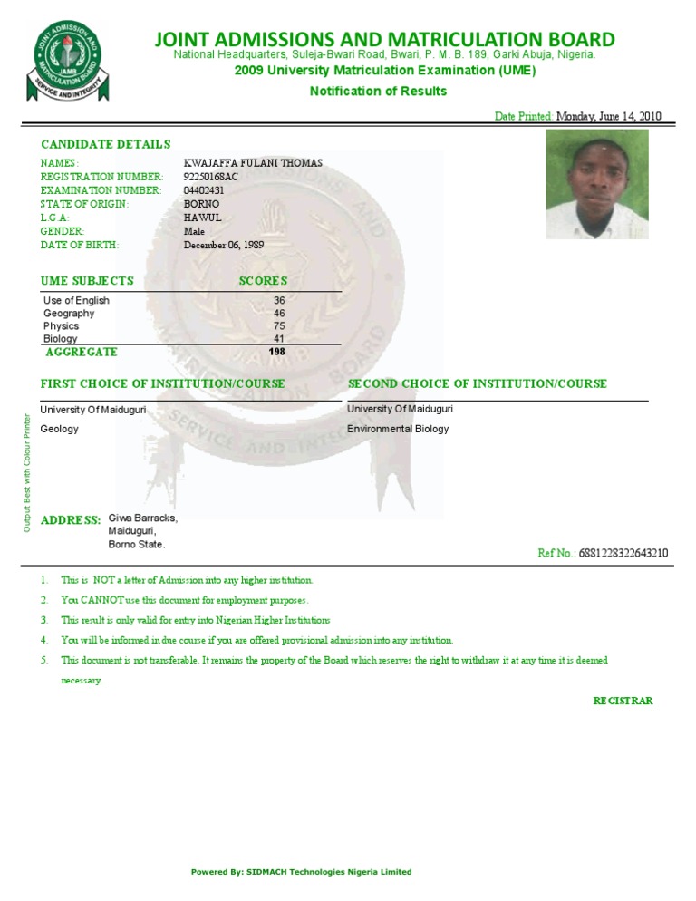 Joint Admissions and Matriculation Board: 2009 University Matriculation ...