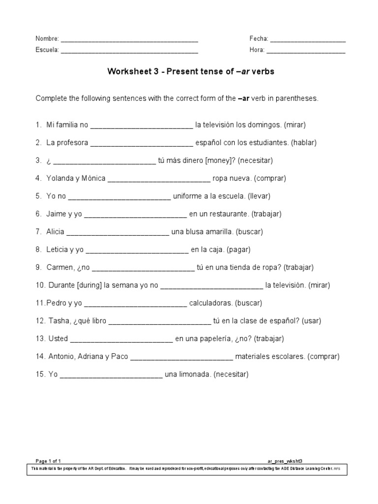 Ar Regular Verbs 3 | PDF