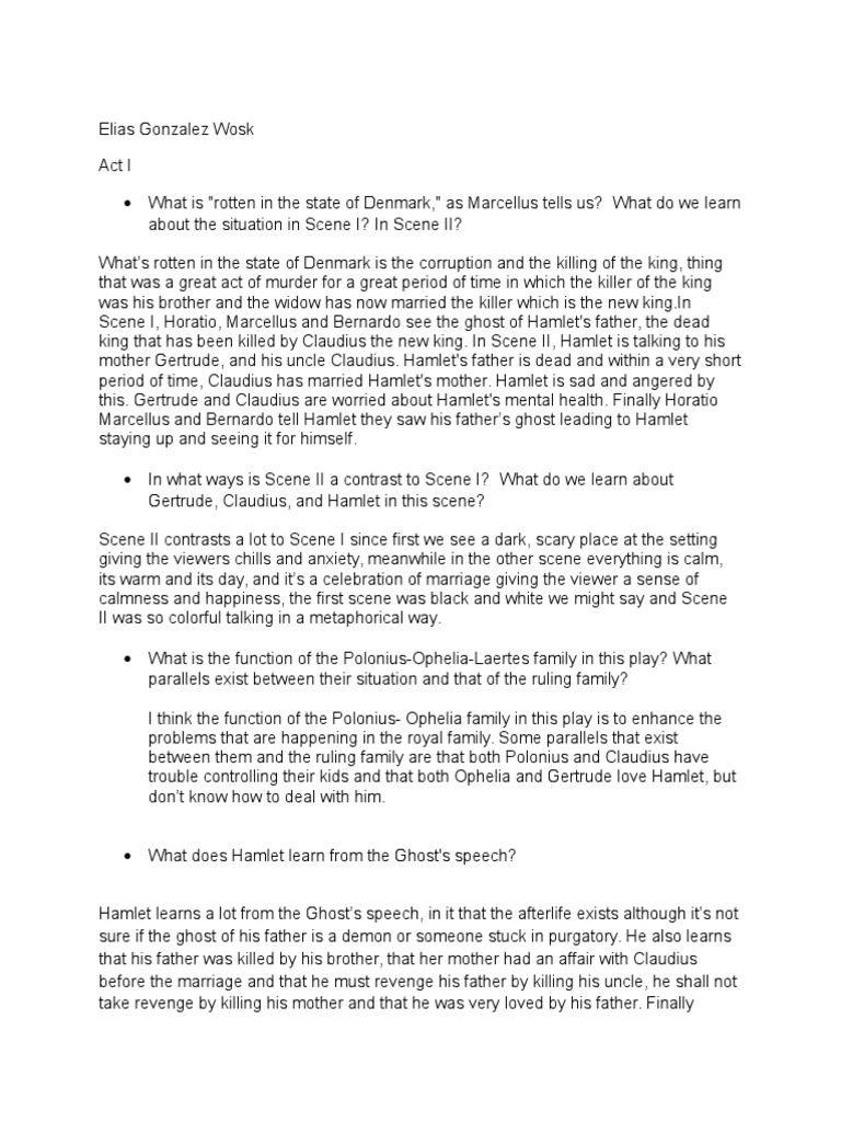 Hamlet Act I Questions | PDF | Hamlet | Shakespearean Tragedies