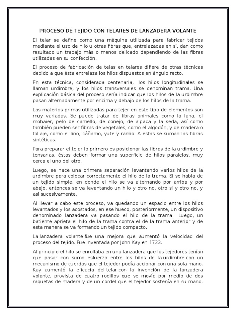 Proceso de Tejido con Lanzadera Volante | PDF | Telar | Industria textil