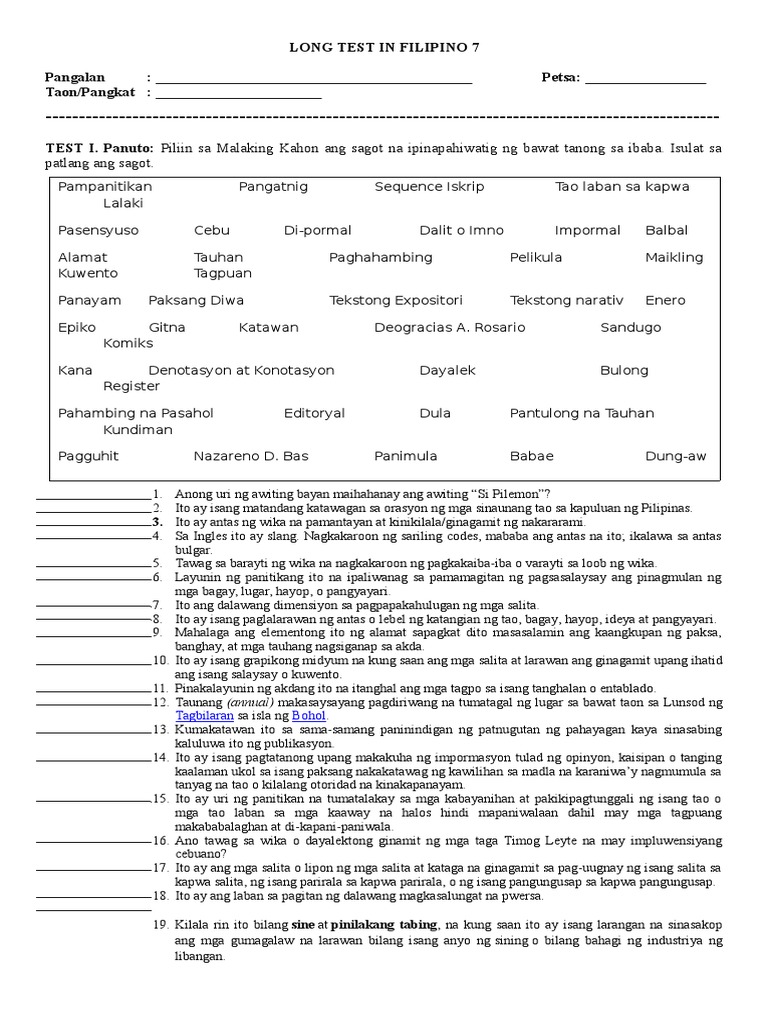 Very Long Test in Filipino 7 | PDF