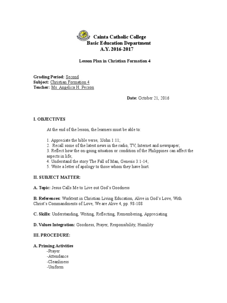 Christian Formation Lesson Plan 4 | PDF | Lesson Plan | The Gospel