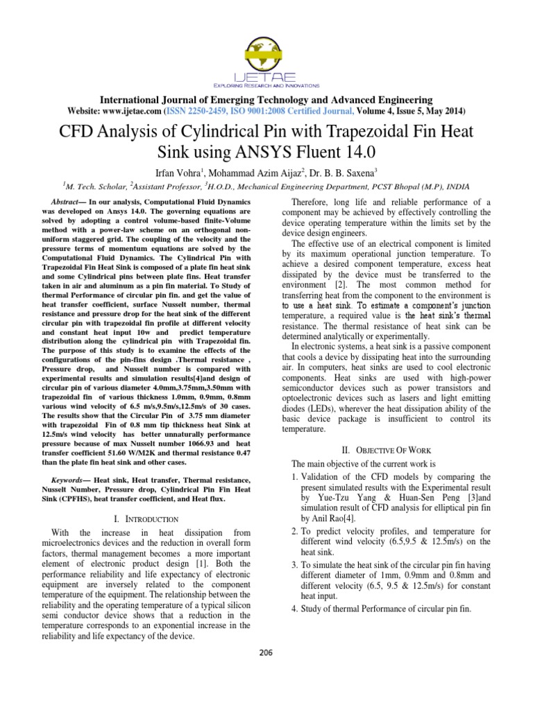 CFD Analysis of Cylindrical Pin With Trapezoidal Fin Heat Sink Using ...