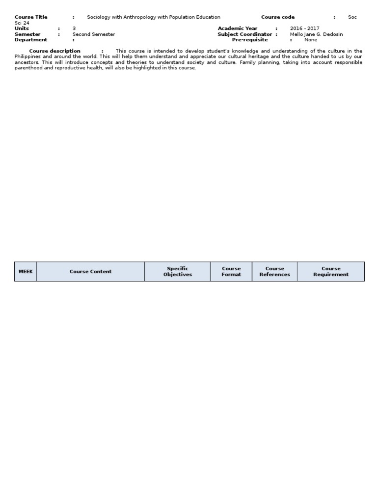 Course Title: Course Code: Units: Academic Year: Semester: Subject Coordinator: Department: Pre ...