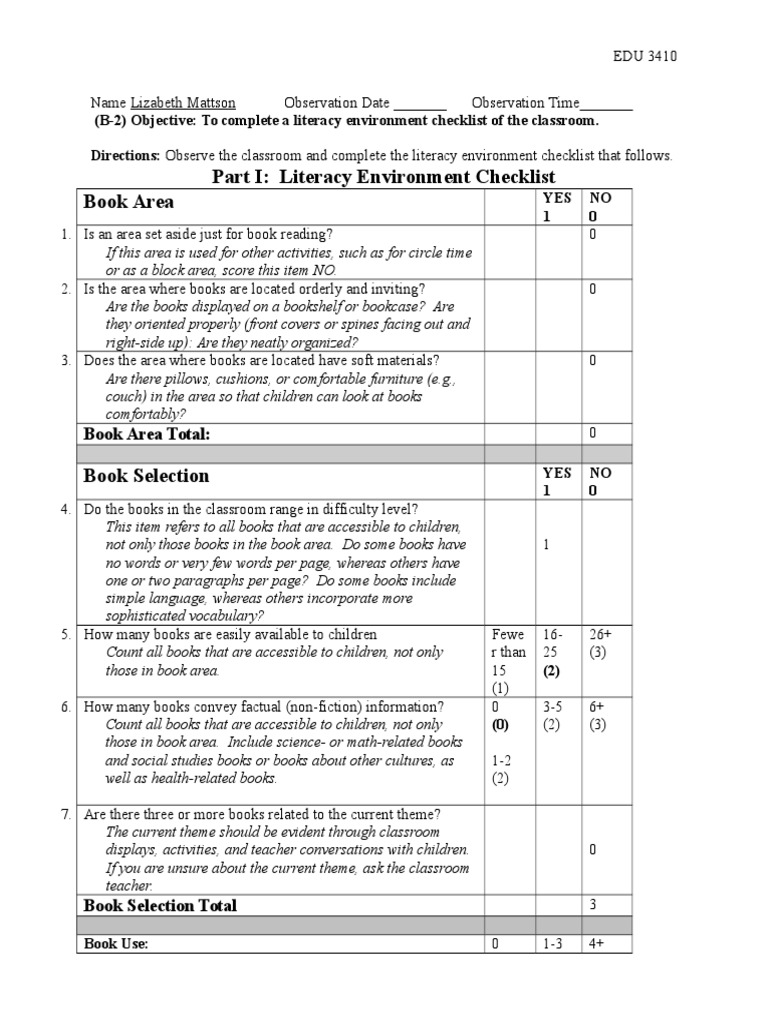 Literacy Environment Checklist Analysis | PDF | Classroom | Literacy