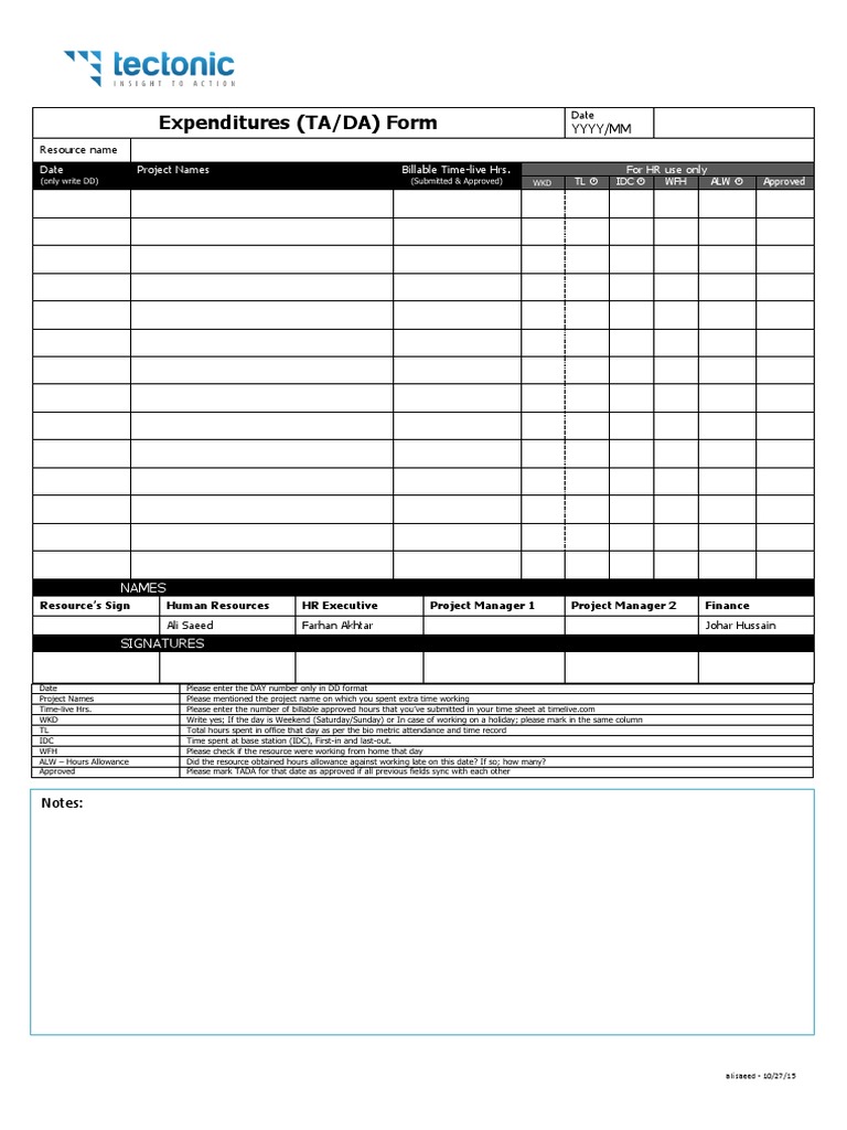Expenditures (TA/DA) Form: Date Project Names Billable Time-Live Hrs ...