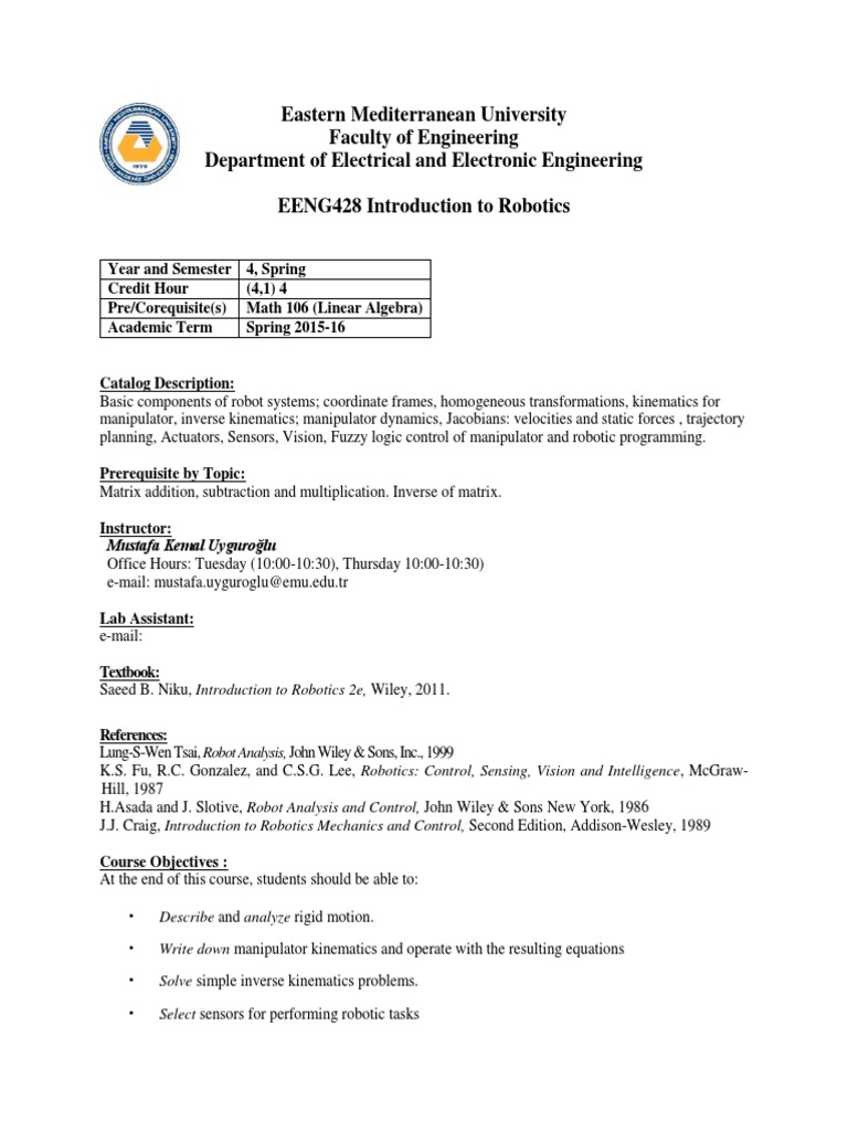 EENG 428 Course Description | PDF | Kinematics | Robotics