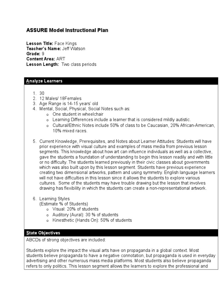 ASSURE Model Instructional Plan: Lesson Title: Teacher's Name: Jeff ...