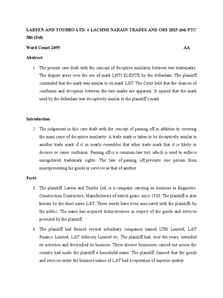 Larsen and Toubro Ltd. V Lachmi Narain Trades and Ors 2015 (64) PTC 386 ...