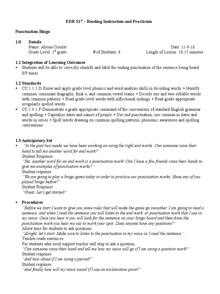 Edr 317-04 Punctuation Bingo Lesson | PDF | Phonics | Punctuation