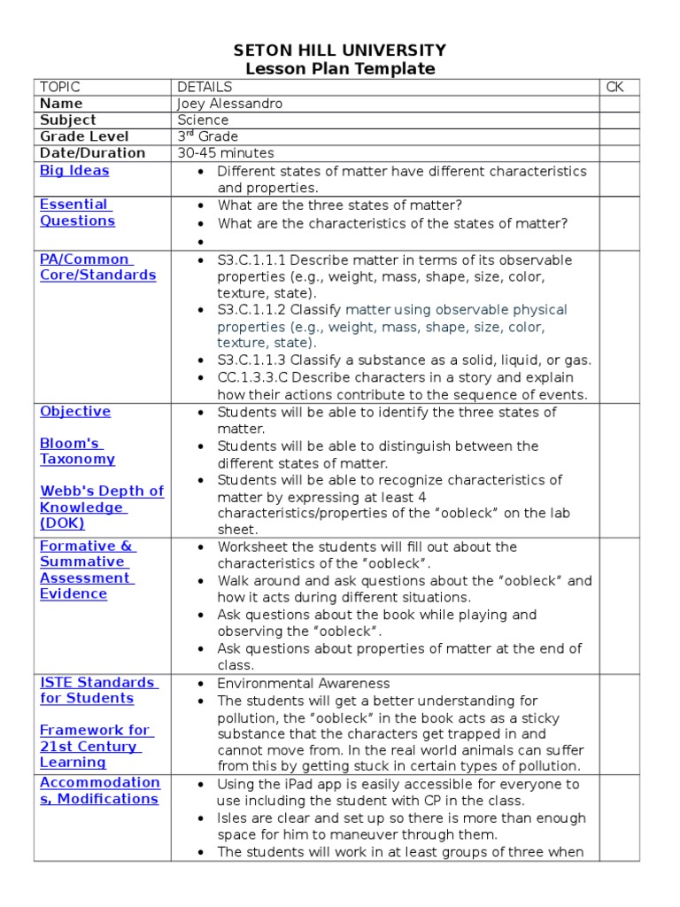 Seton Hill University Lesson Plan Template: Name Subject Grade Level ...