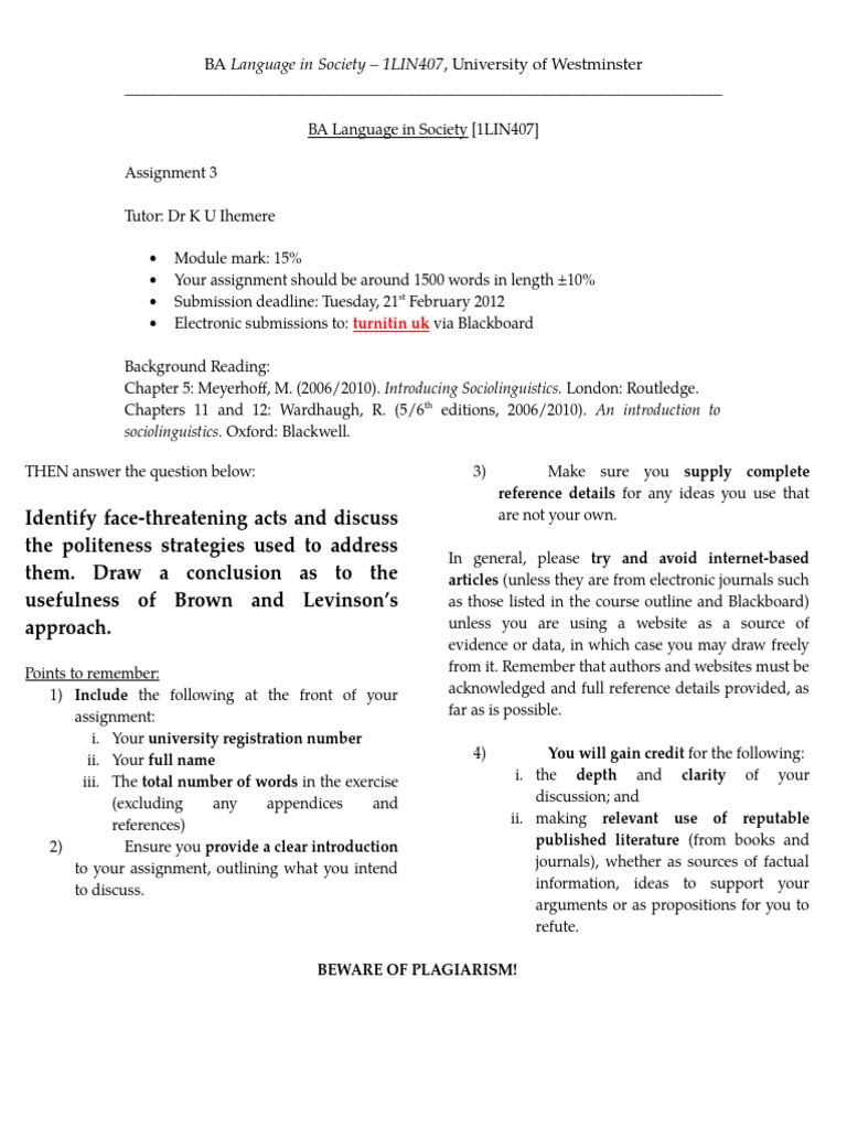 BA Language in Society - 1LIN407, University of Westminster | PDF ...