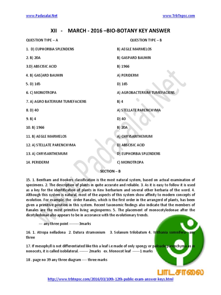 March 2016 Bio-Botany Answer Key | PDF | Photosynthesis | Organisms