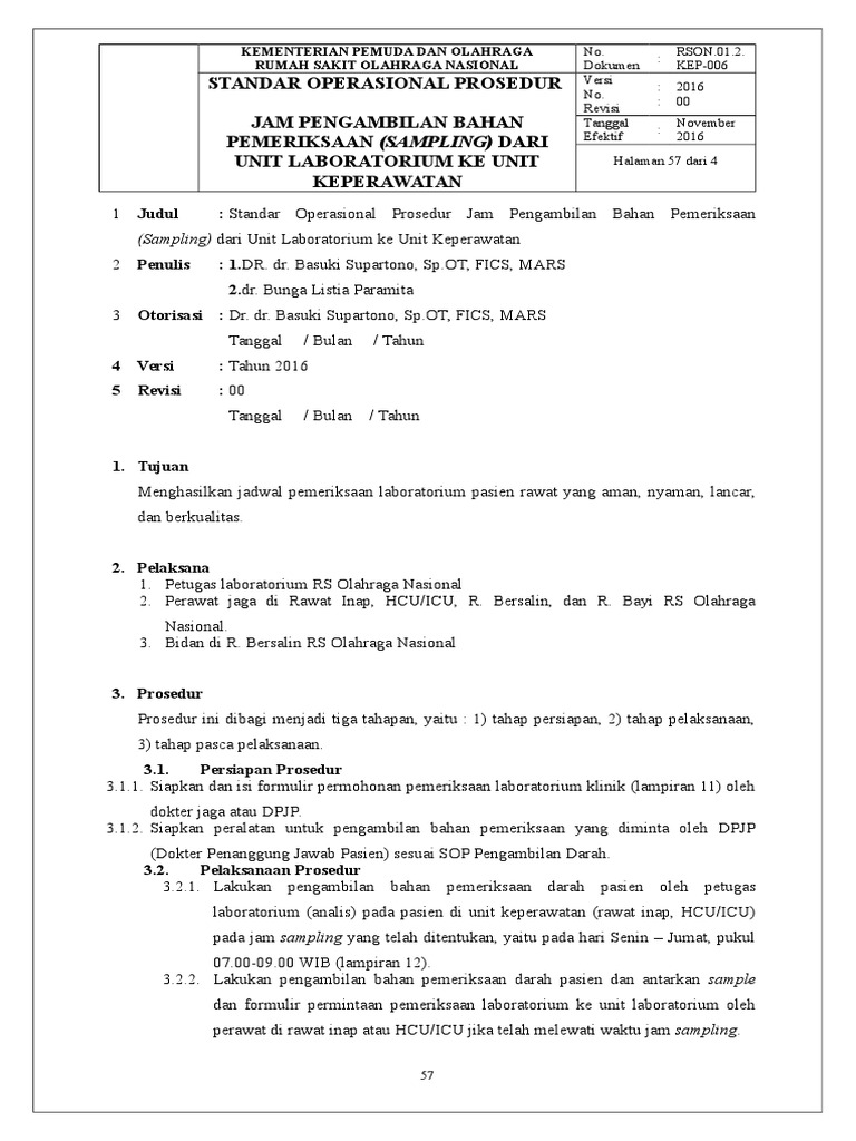 Spo Jam Pengambilan Bahan Pemeriksaan (Sampling) Dari Unit Laboratorium Ke Unit Keperawatan | PDF