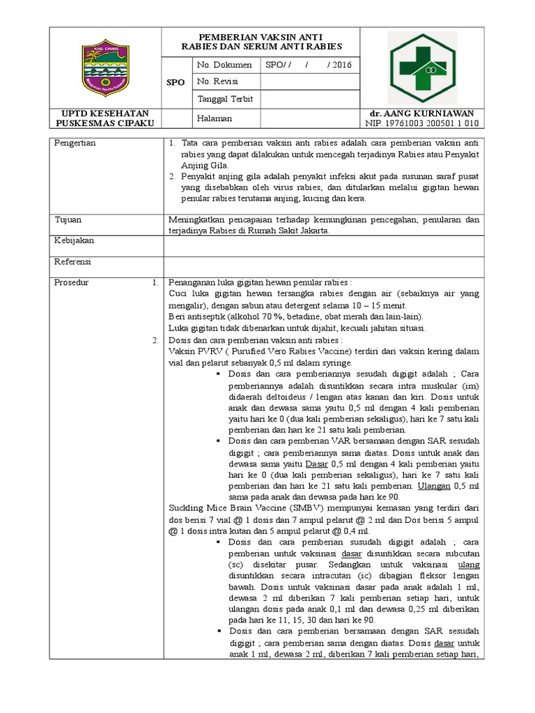 Sop Pemberian Vaksin Anti Rabies Dan Serum Anti Rabies | PDF