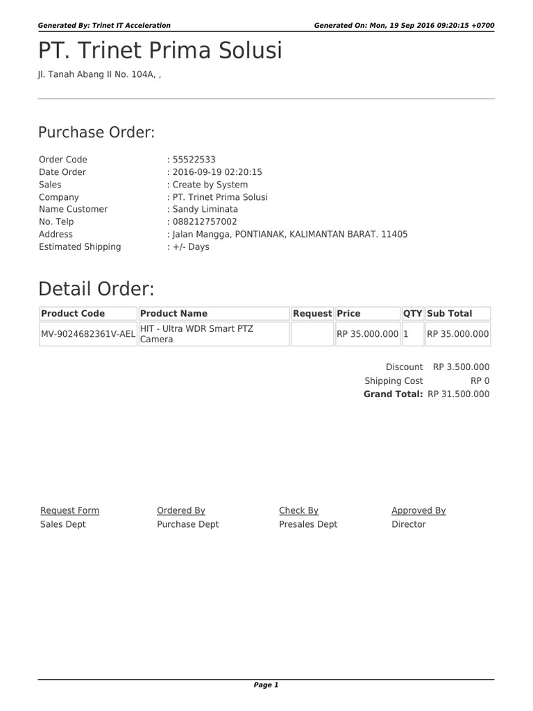 PT. Trinet Prima Solusi: Detail Order | PDF