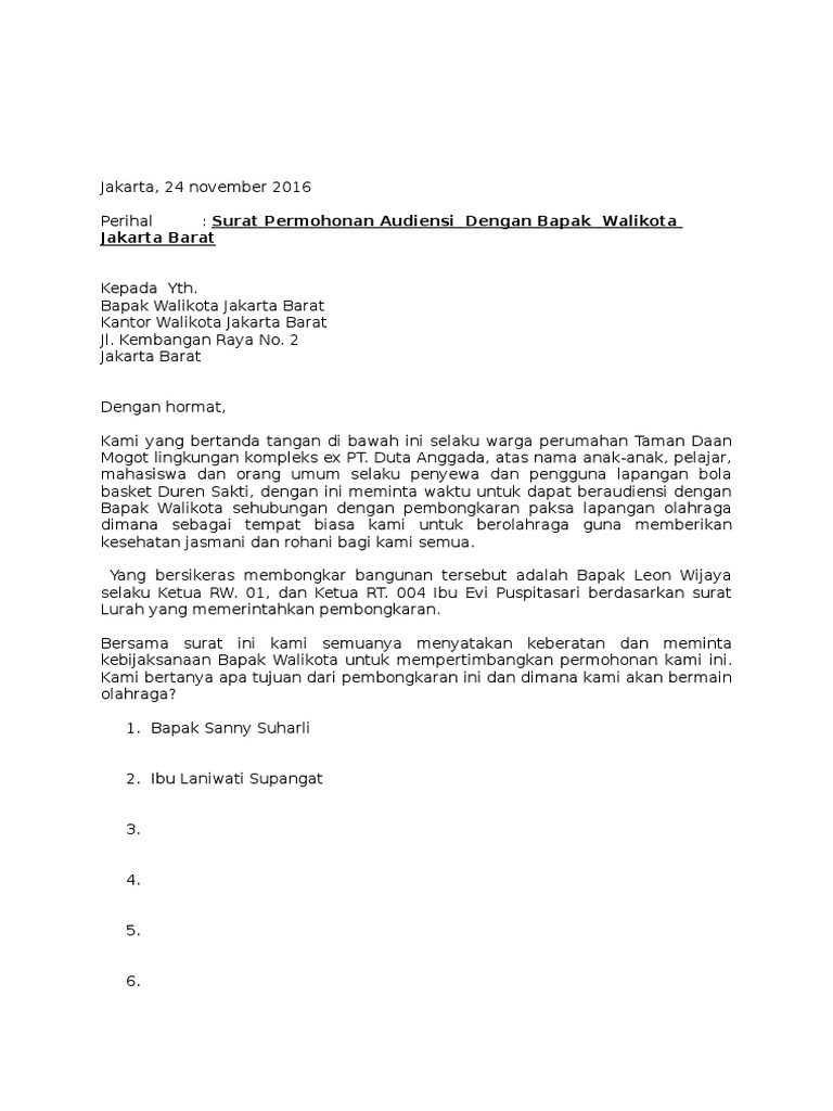 Surat Permohonan Audiensi Dengan Bapak Walikota | PDF