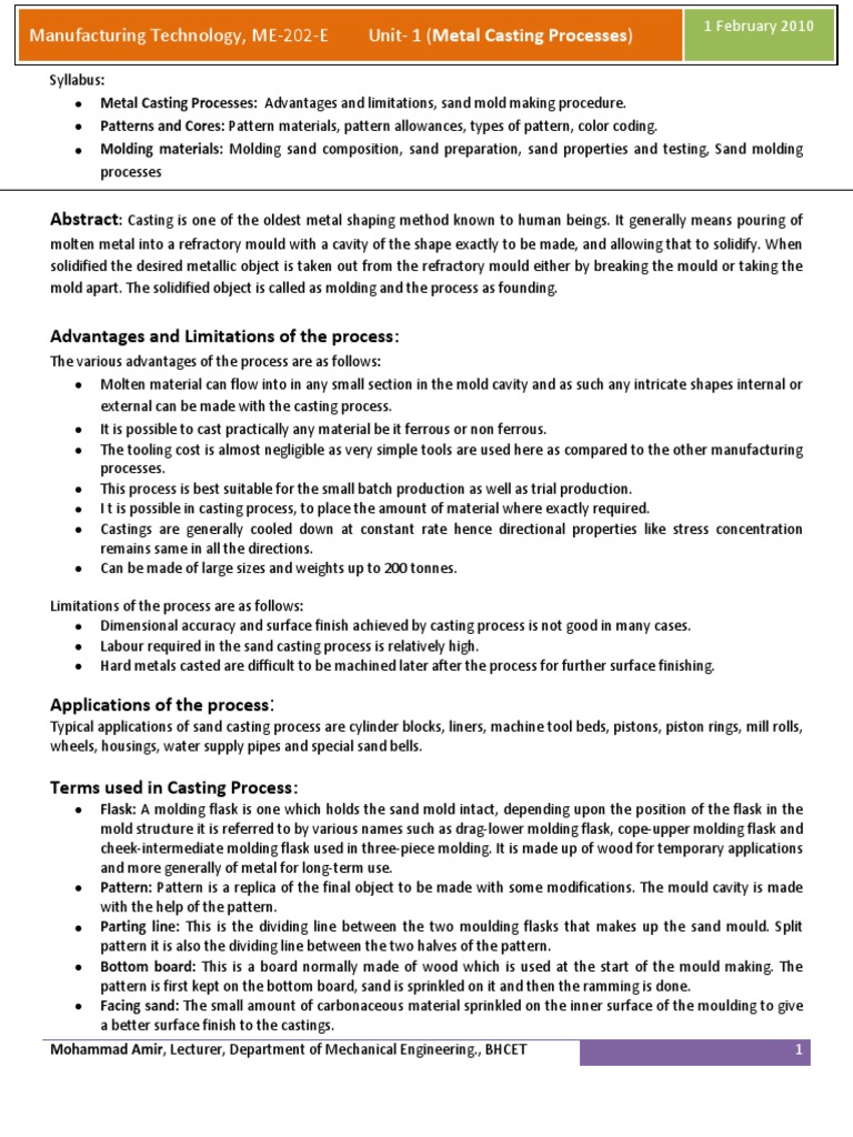 Unit 1 Metal Casting Processes MT 1 | PDF | Casting (Metalworking) | Foundry