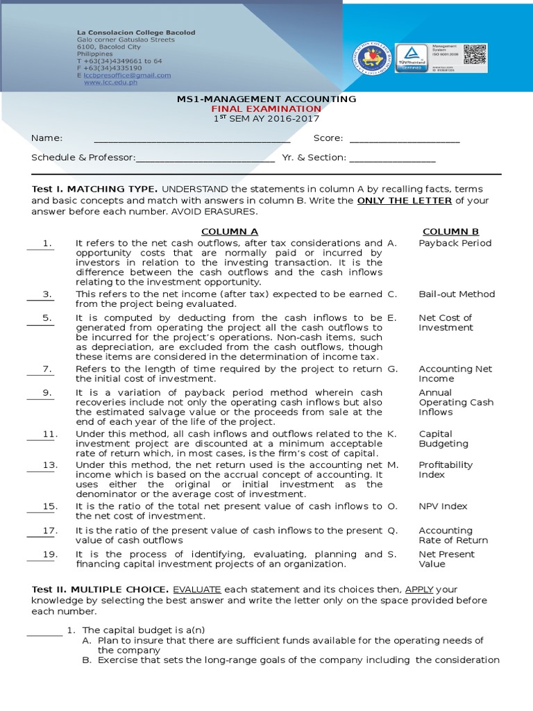 MS1-Final Exams For Students | PDF | Net Present Value | Capital Budgeting