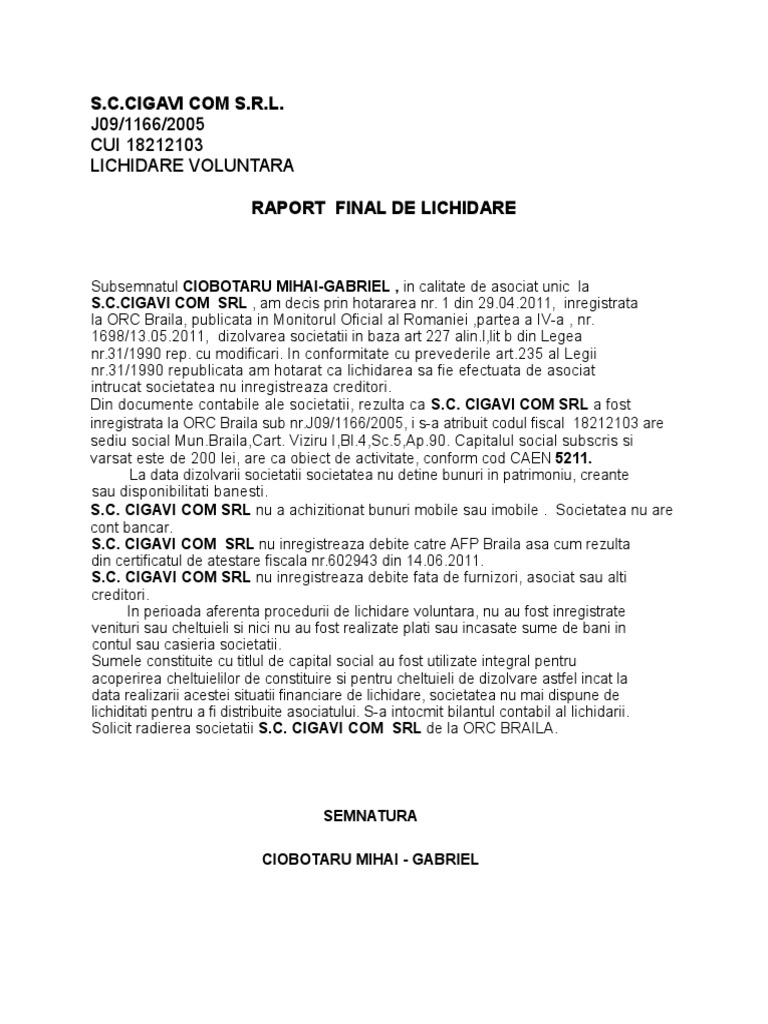 Raport de Lichidare Cigavi Com | PDF
