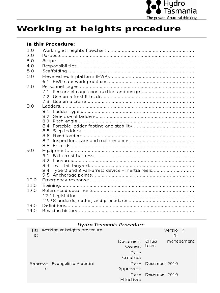 Working at Heights Procedure | PDF | Ladder | Occupational Safety And ...