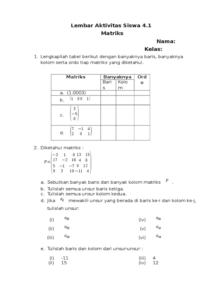 Lembar Aktivitas Matriks Siswa | PDF