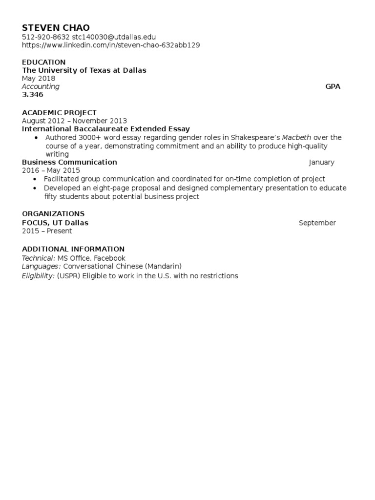 Steven Chao: Education The University of Texas at Dallas | PDF | Career ...