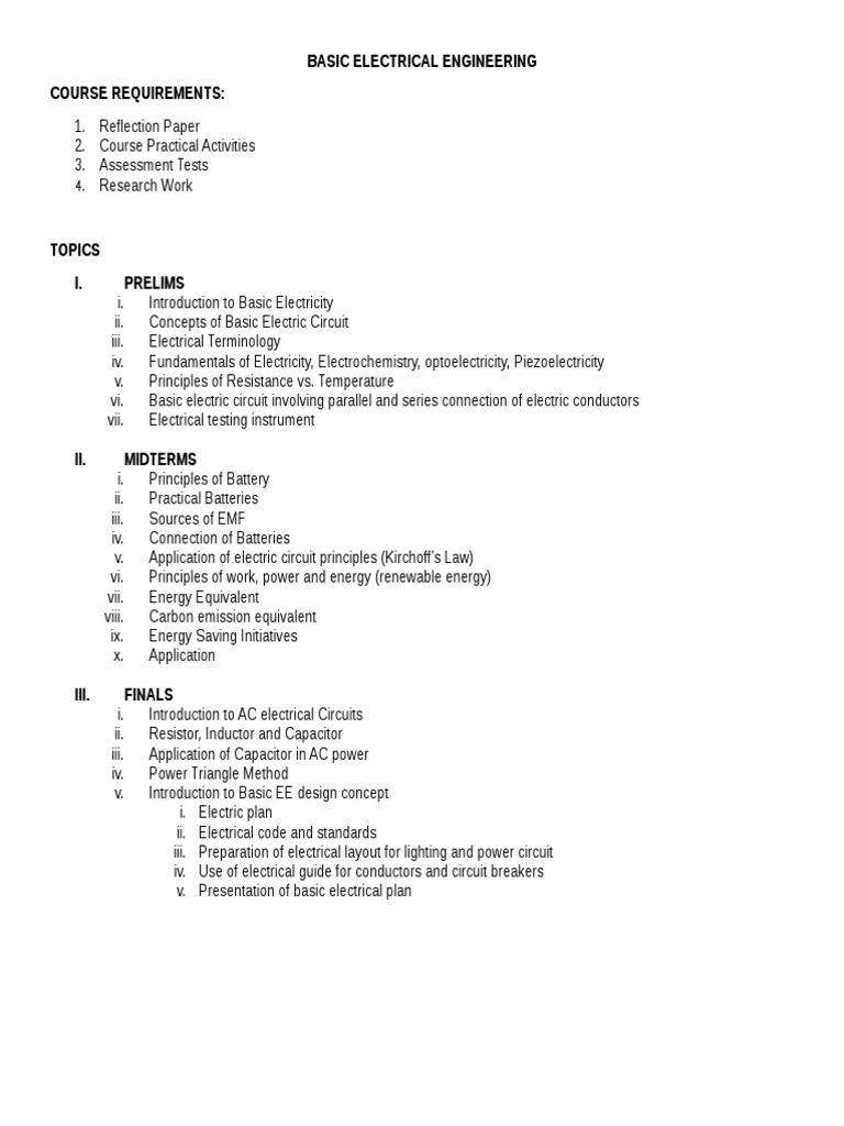 Basic Electrical Engineering Course Requirements | PDF