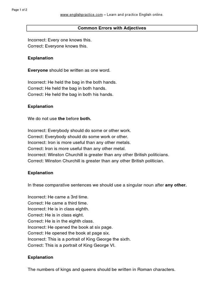 Common Errors Adjectives | PDF | History