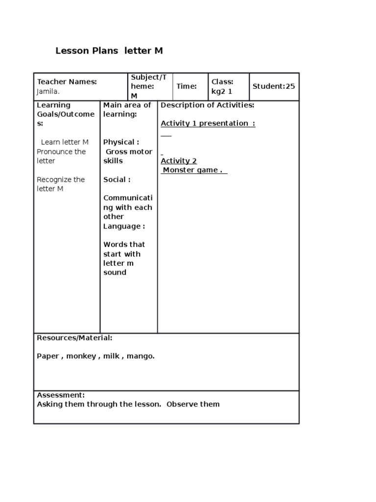 Lesson Plans Letter M: Jamila | PDF