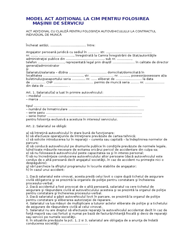 Act Aditional La CIM Pentru Folosirea Masinii de Serviciu