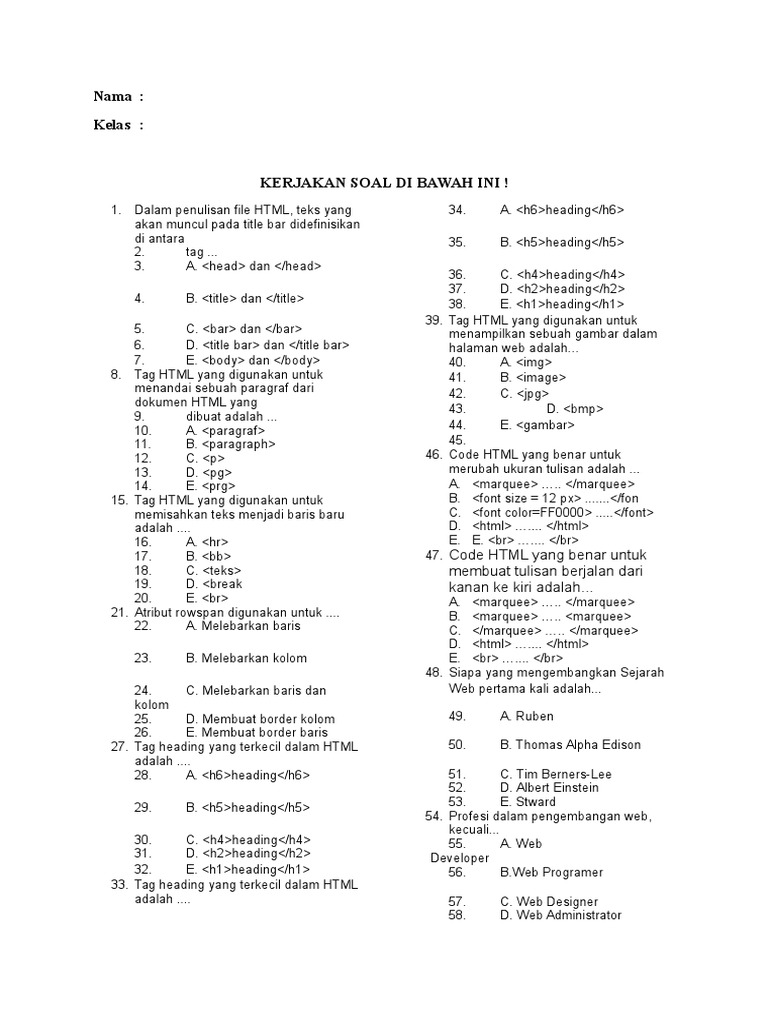 Soal Ujian HTML Dasar dan Tag | PDF